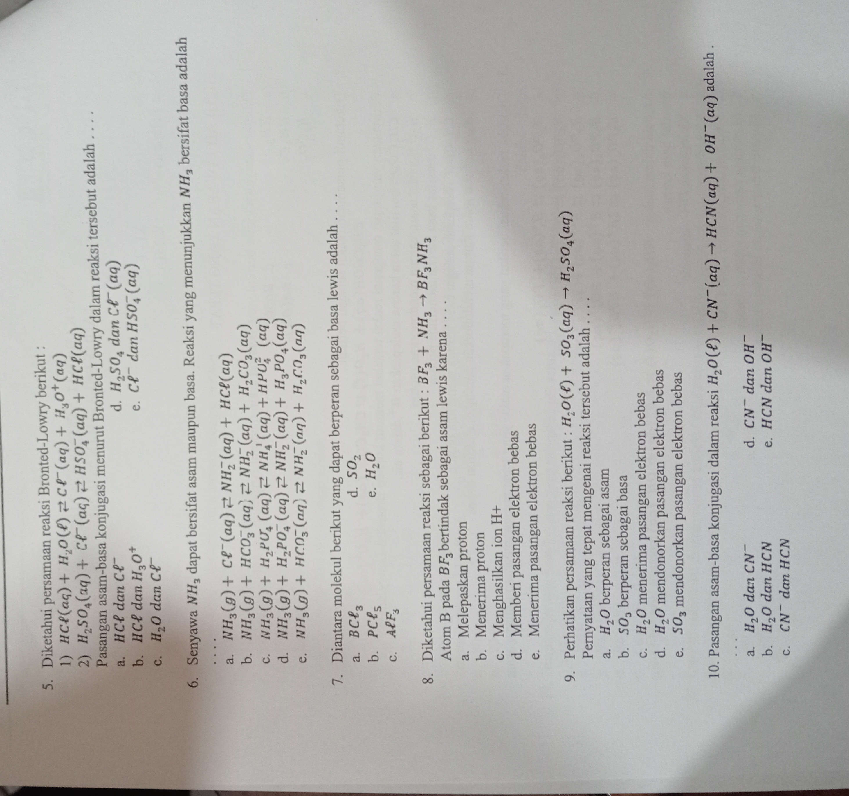 5. Diketahui persamaan reaksi Bronted-Lowry | StudyX
