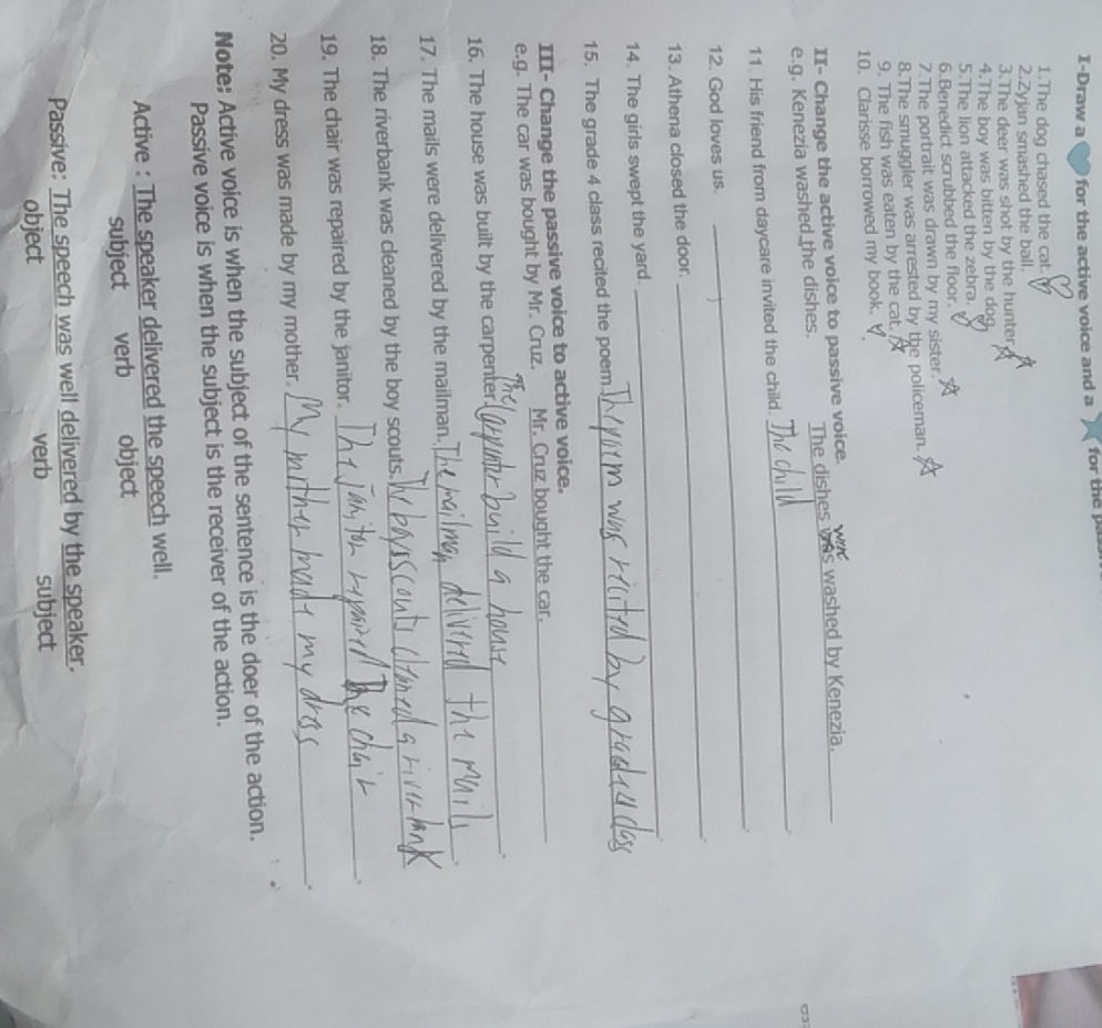 I- Draw a ♡ for the active voice and a ☆ for | StudyX