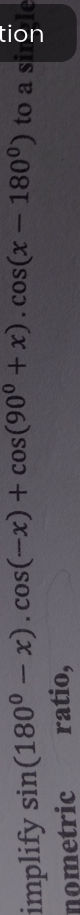 Simplify sin(180° - x).cos(-x) + cos(90° + | StudyX