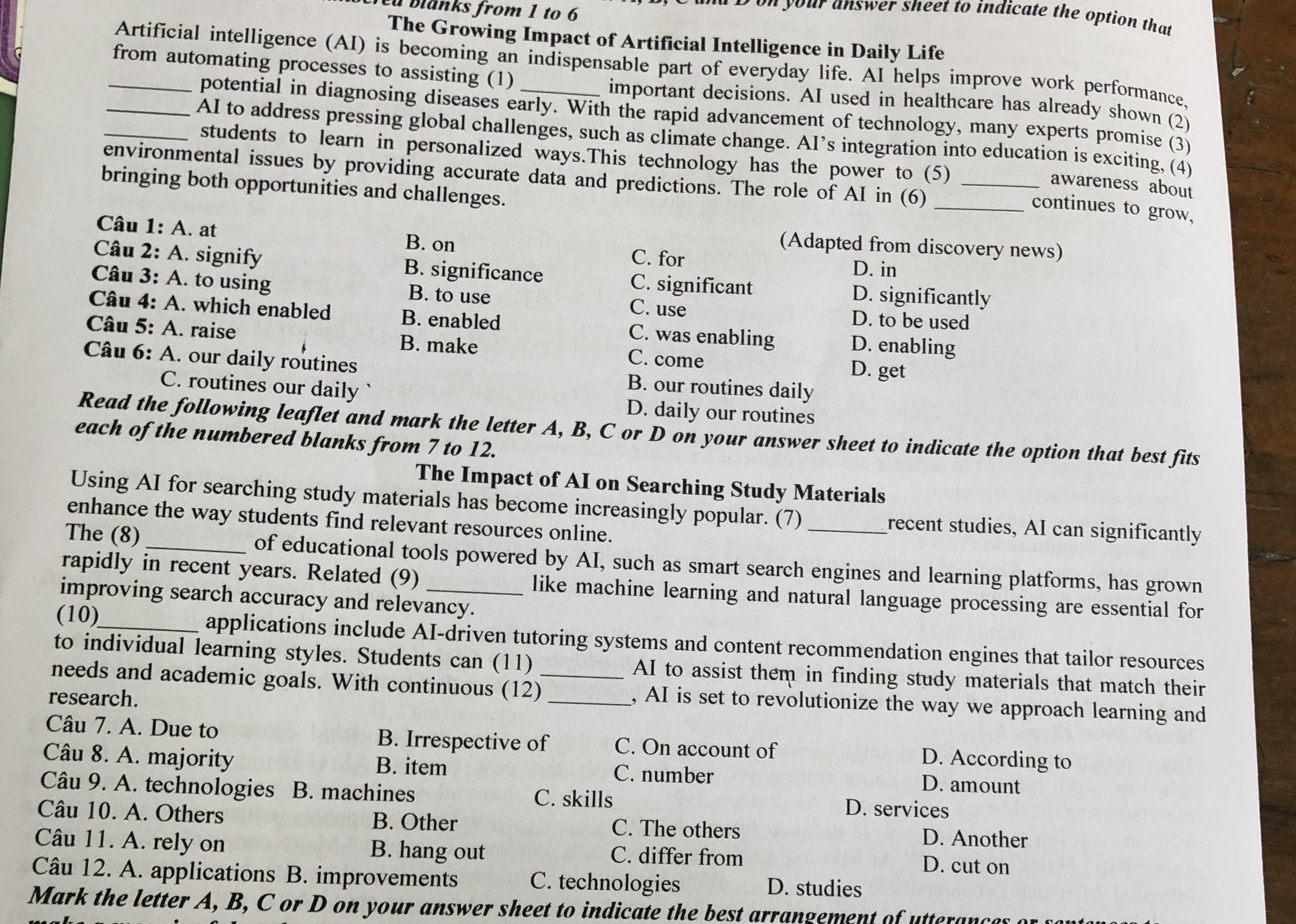 Câu 1: A. at B. on C. for D. in Câu 2: A. | StudyX