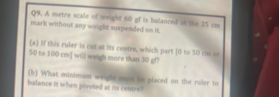 Q9. A metre scale of weight 60 gf is