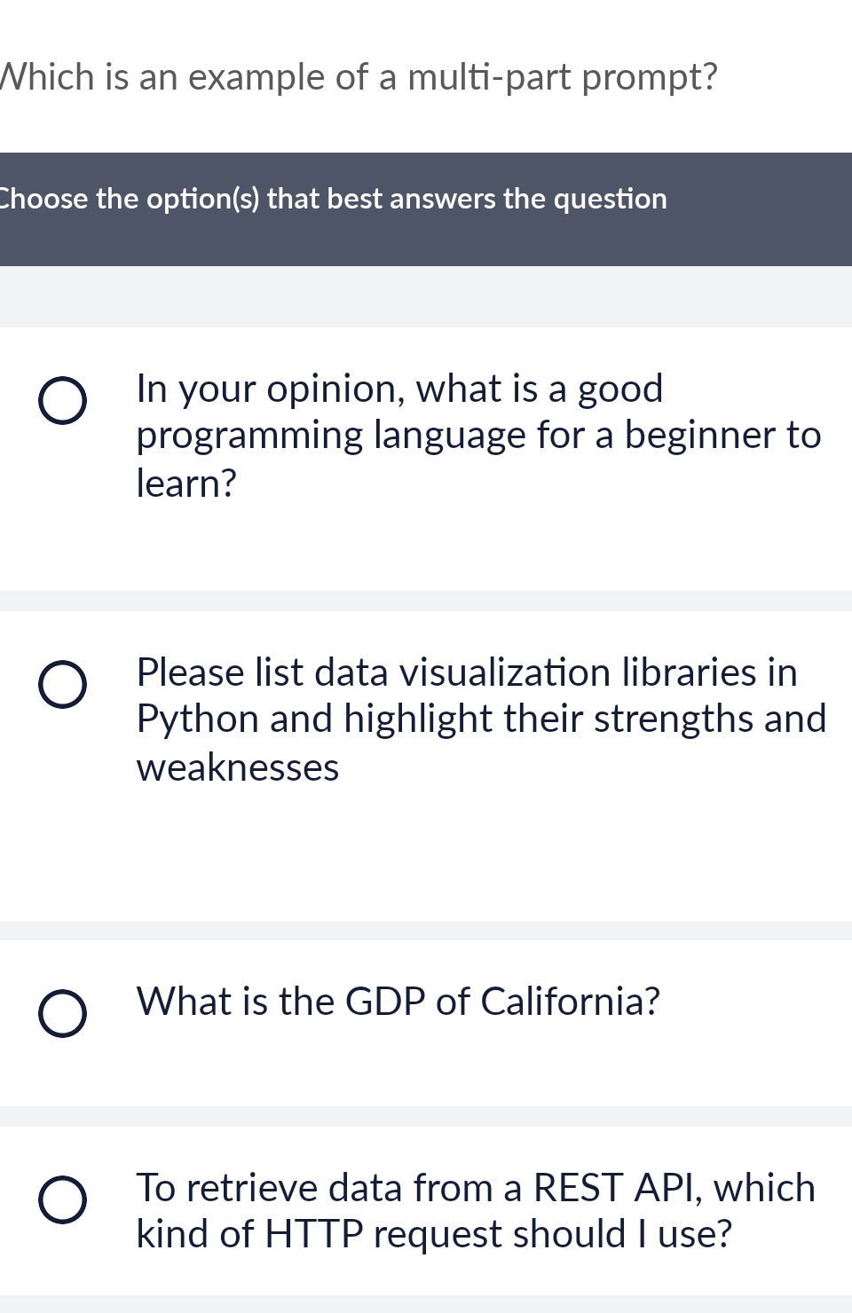 Which is an example of a multi-part prompt? | StudyX