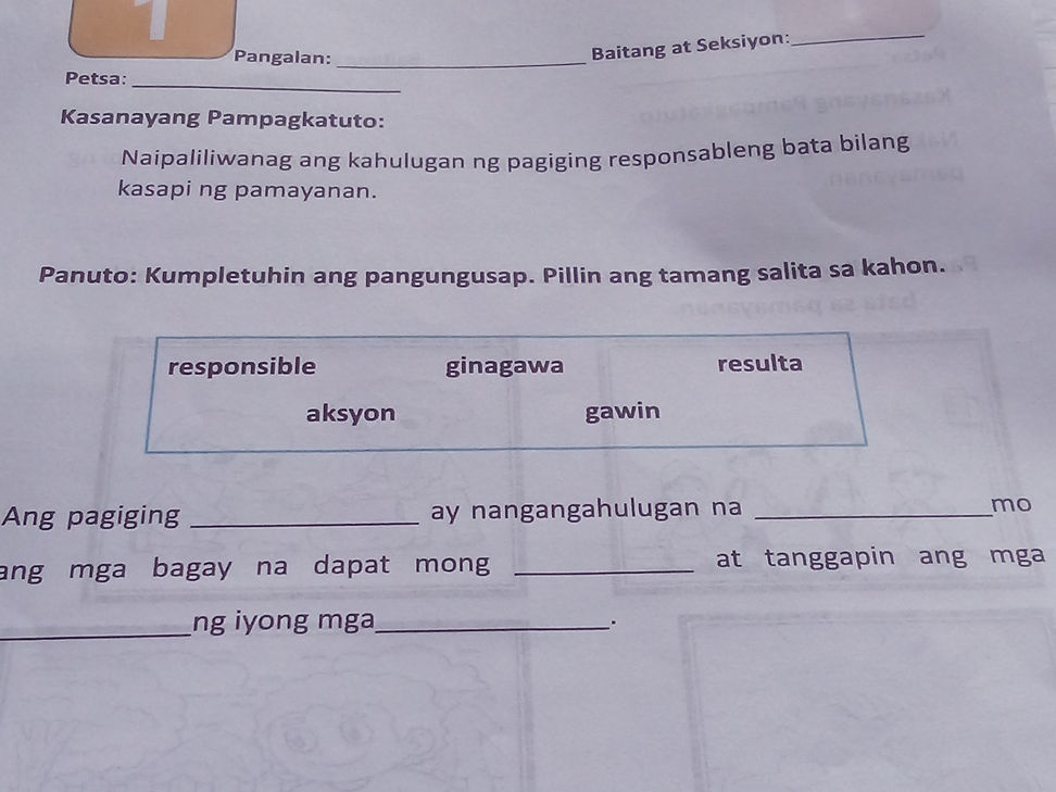 Panuto: Kumpletuhin ang pangungusap. Pillin | StudyX