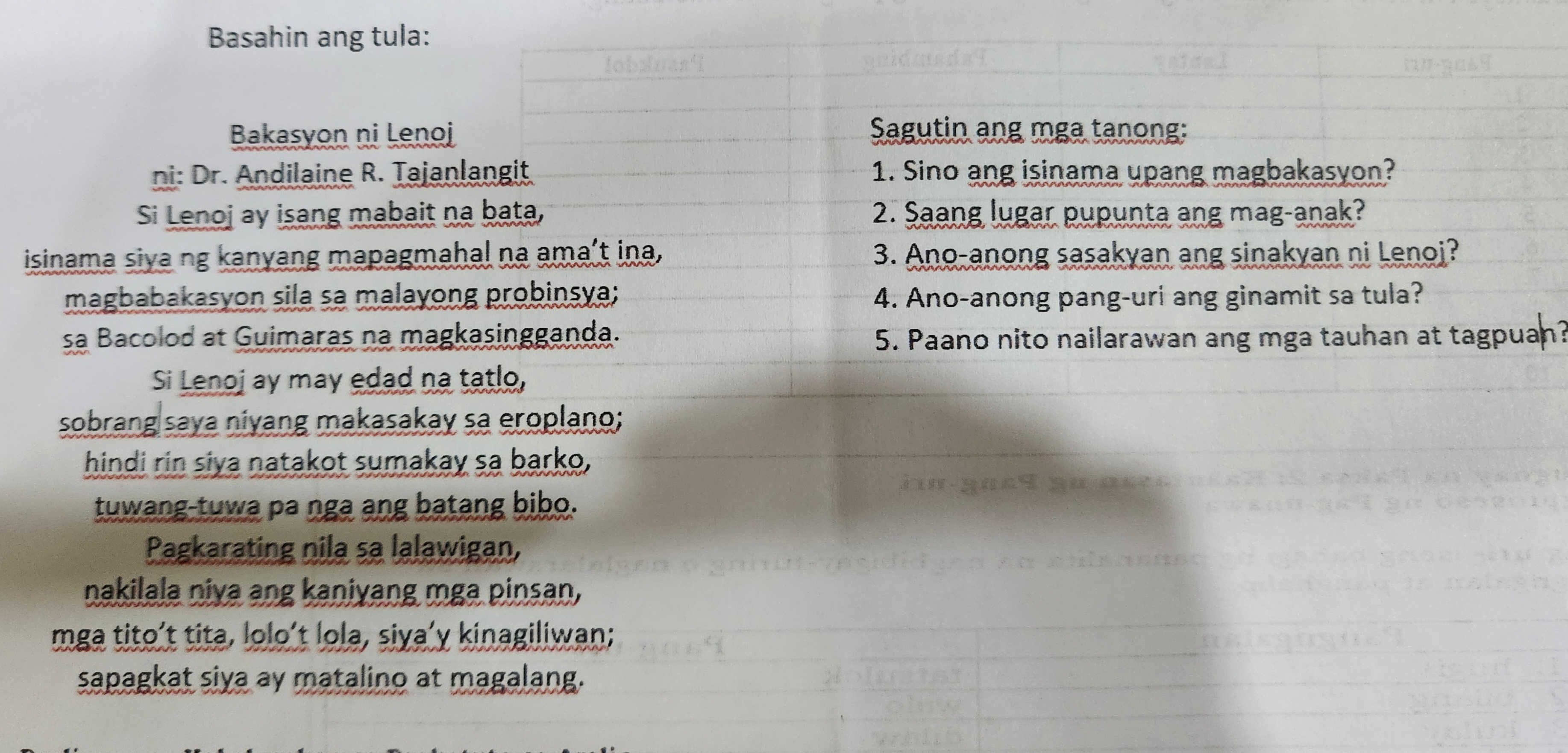 Basahin ang tula: Bakasyon ni Lenoj ni: Dr. | StudyX