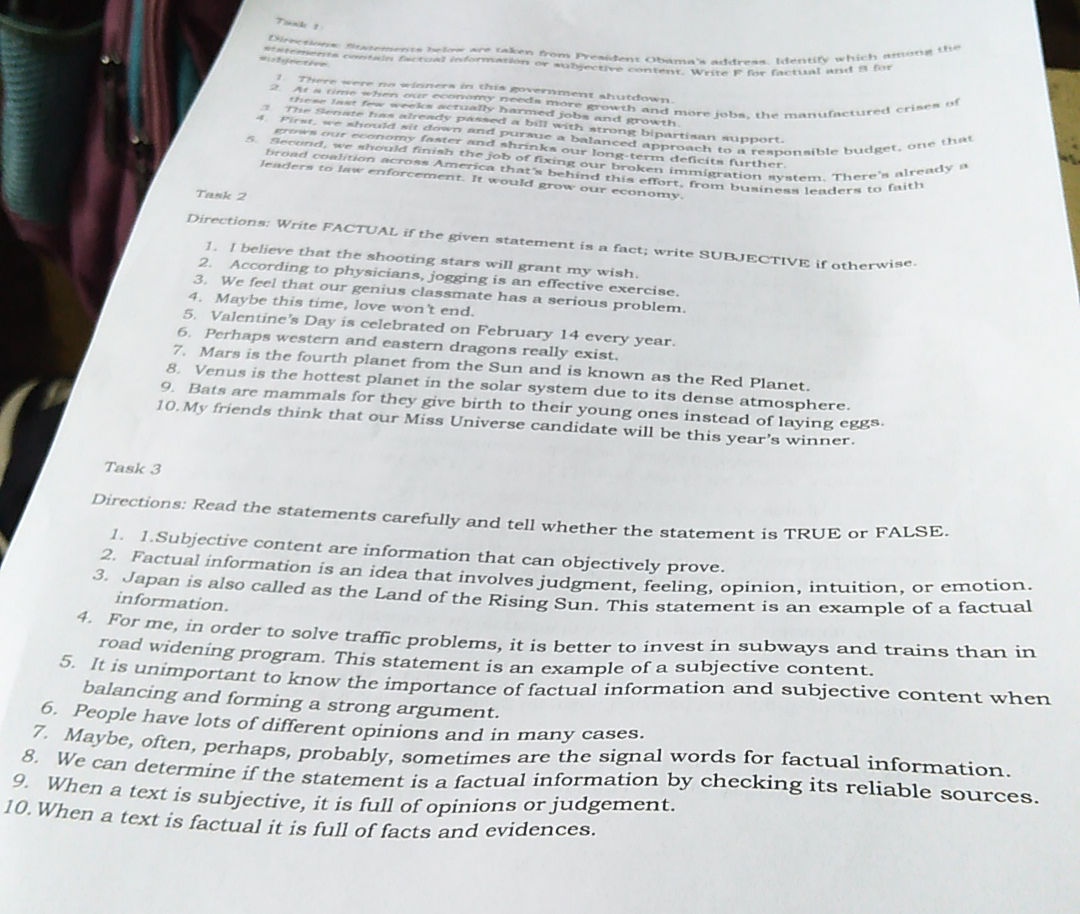 Task 1 Directions: Statements below are | StudyX