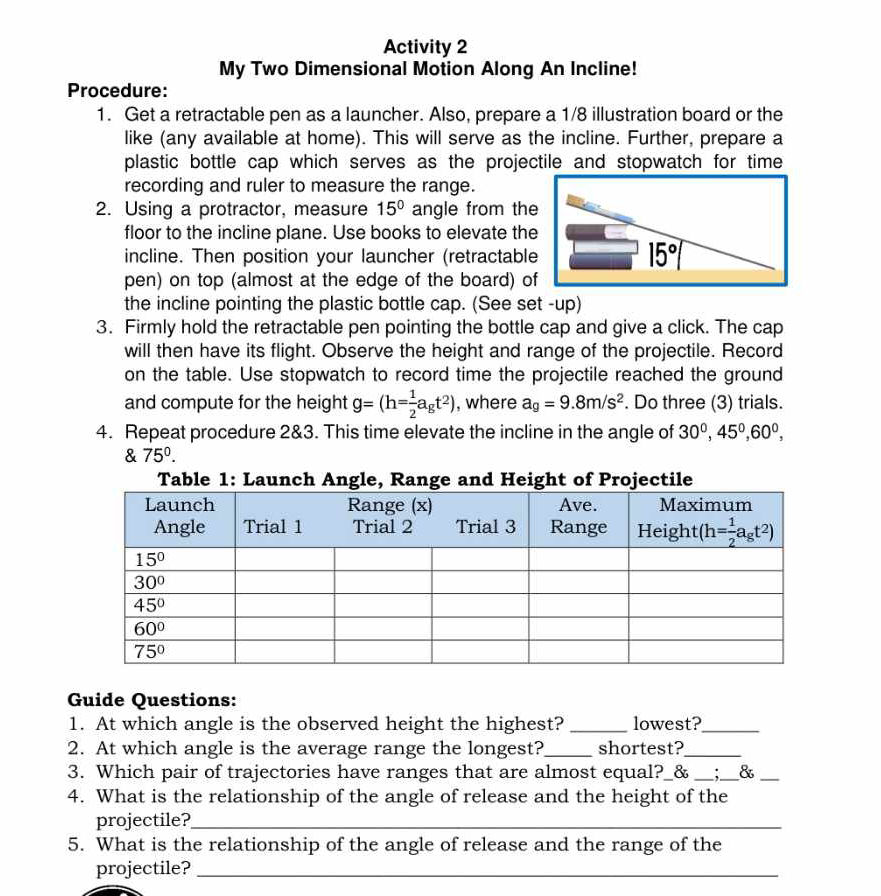 Table 1: Launch Angle, Range and Height of | StudyX