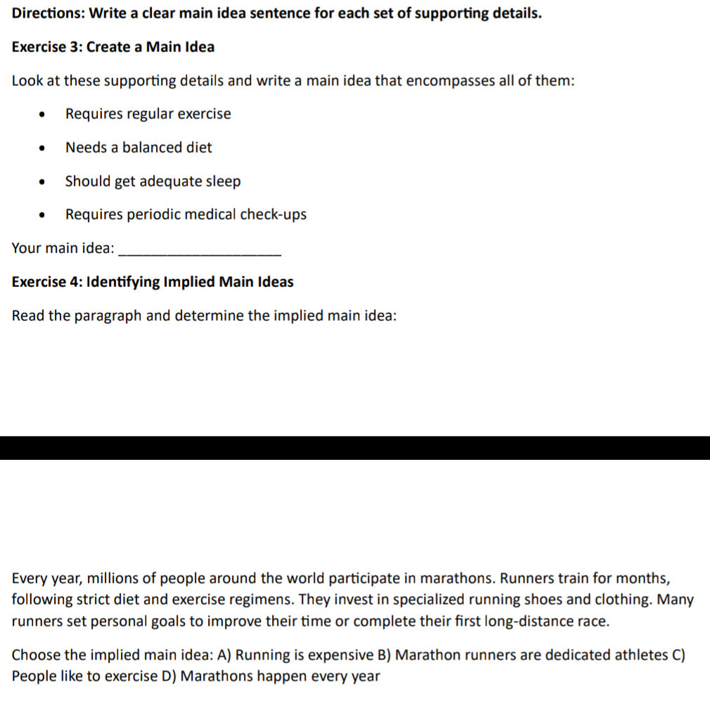 Directions: Write a clear main idea sentence | StudyX