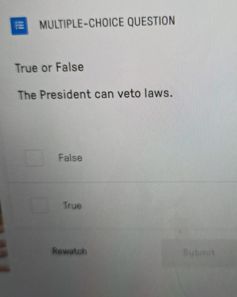 True or False The President can veto laws. | StudyX