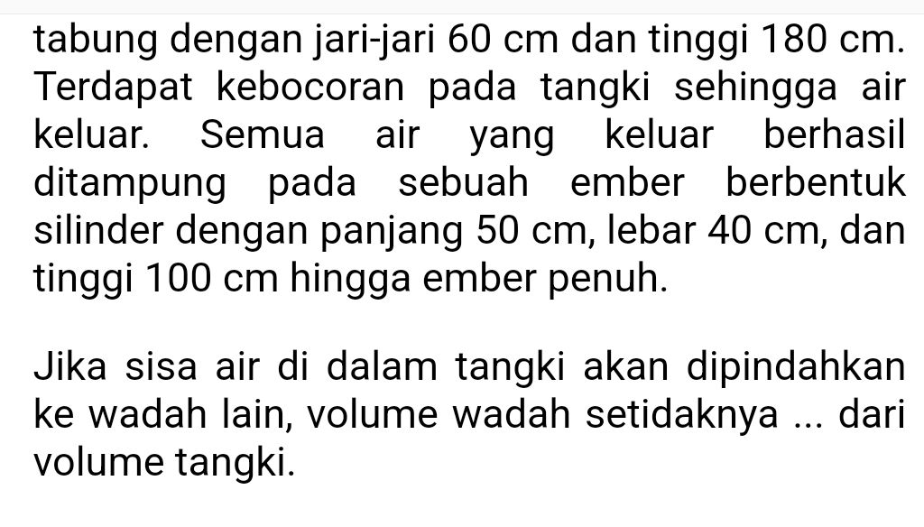 tabung dengan jari-jari 60 cm dan tinggi 180 | StudyX