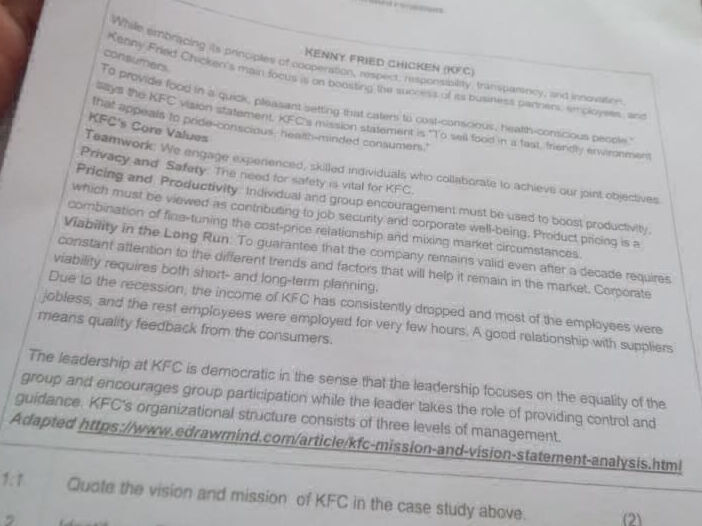 1.1 Quote the vision and mission of KFC in | StudyX