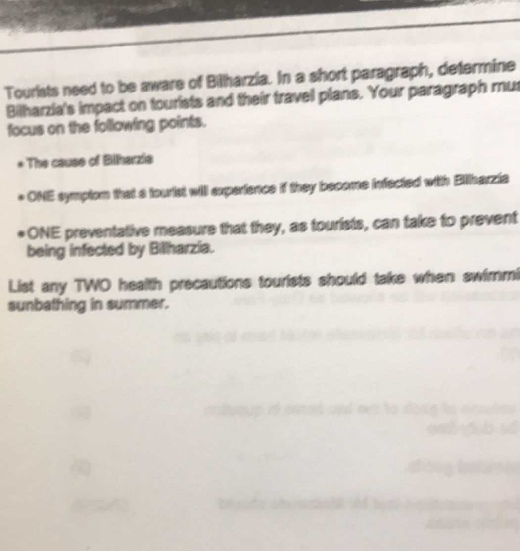 Tourists need to be aware of Bilharzia. In a | StudyX