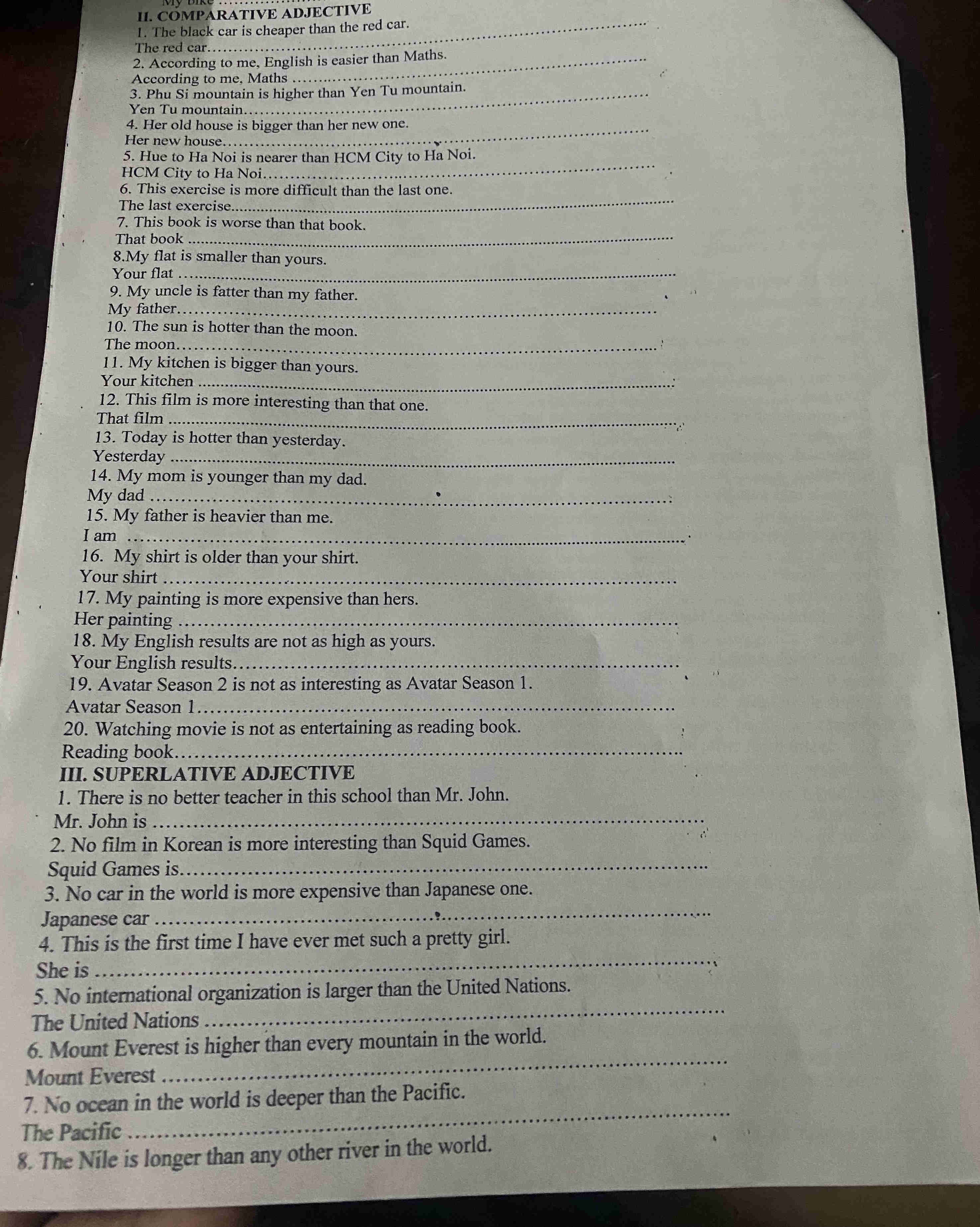 II. COMPARATIVE ADJECTIVE 1. The black car | StudyX