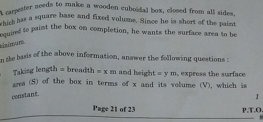Taking length = breadth = x m and height = y | StudyX
