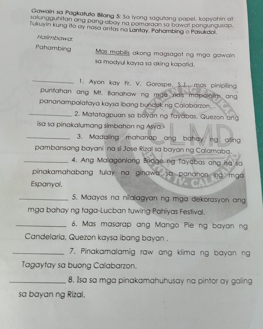Gawain sa Pagkatuto Bilang 5: Sa iyong | StudyX