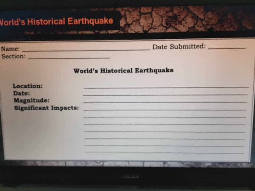 World's Historical Earthquake Name: | StudyX