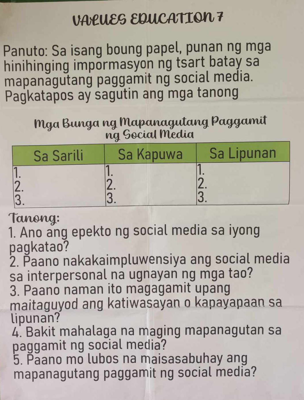 Panuto: Sa isang boung papel, punan ng mga | StudyX
