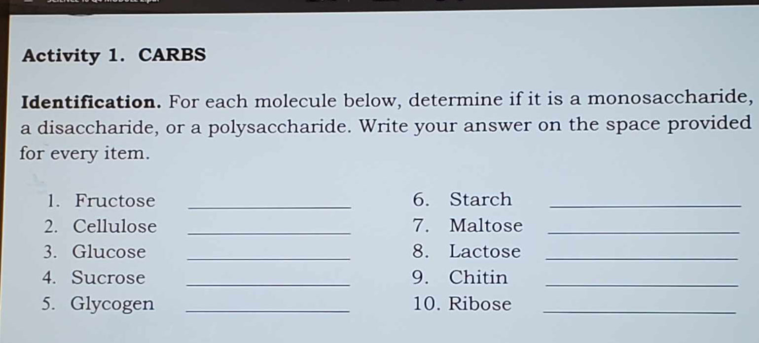 Activity 1. CARBS Identification. For each | StudyX