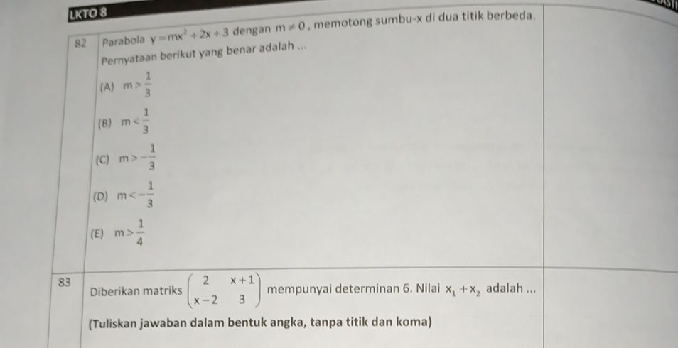 82 Parabola $y=mx^2+2x+3$ dengan $m 0$, | StudyX
