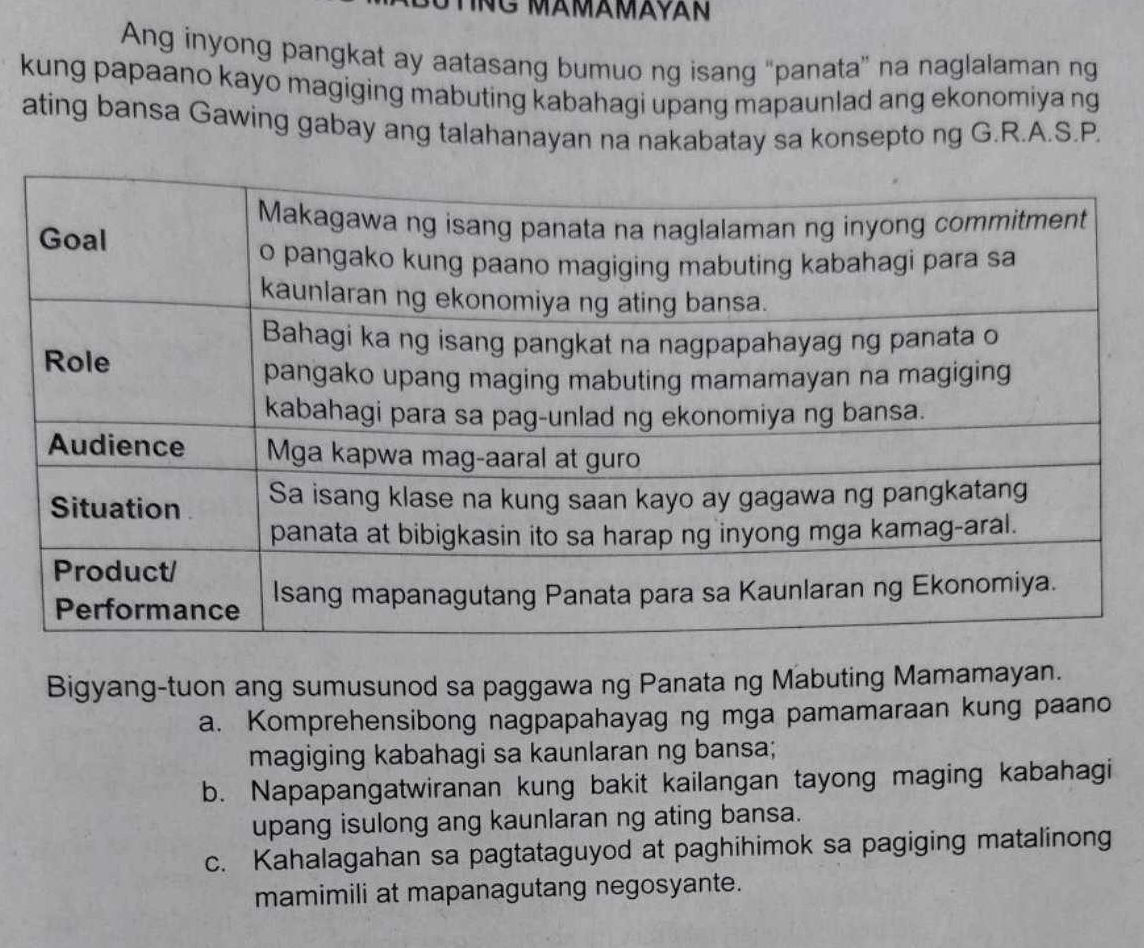 Ang inyong pangkat ay aatasang bumuo ng | StudyX