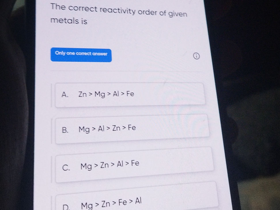 The correct reactivity order of given metals | StudyX
