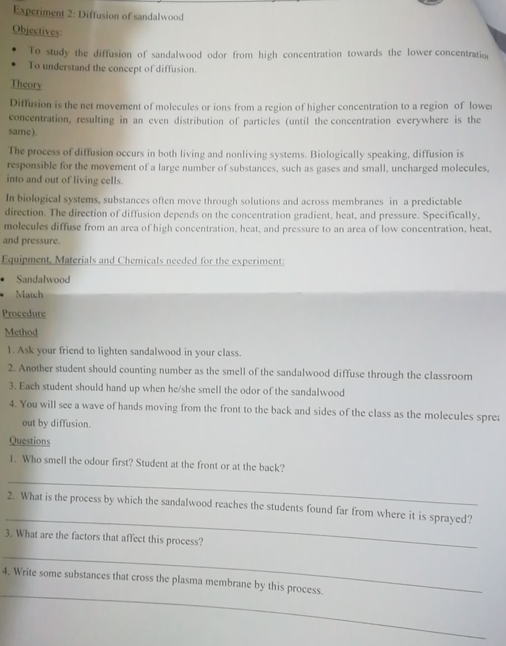 Experiment 2: Diffusion of sandalwood | StudyX