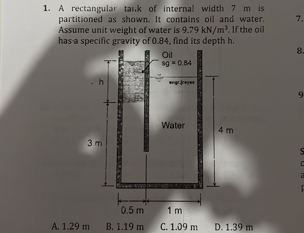 1. A rectangular tank of internal width 7 m | StudyX