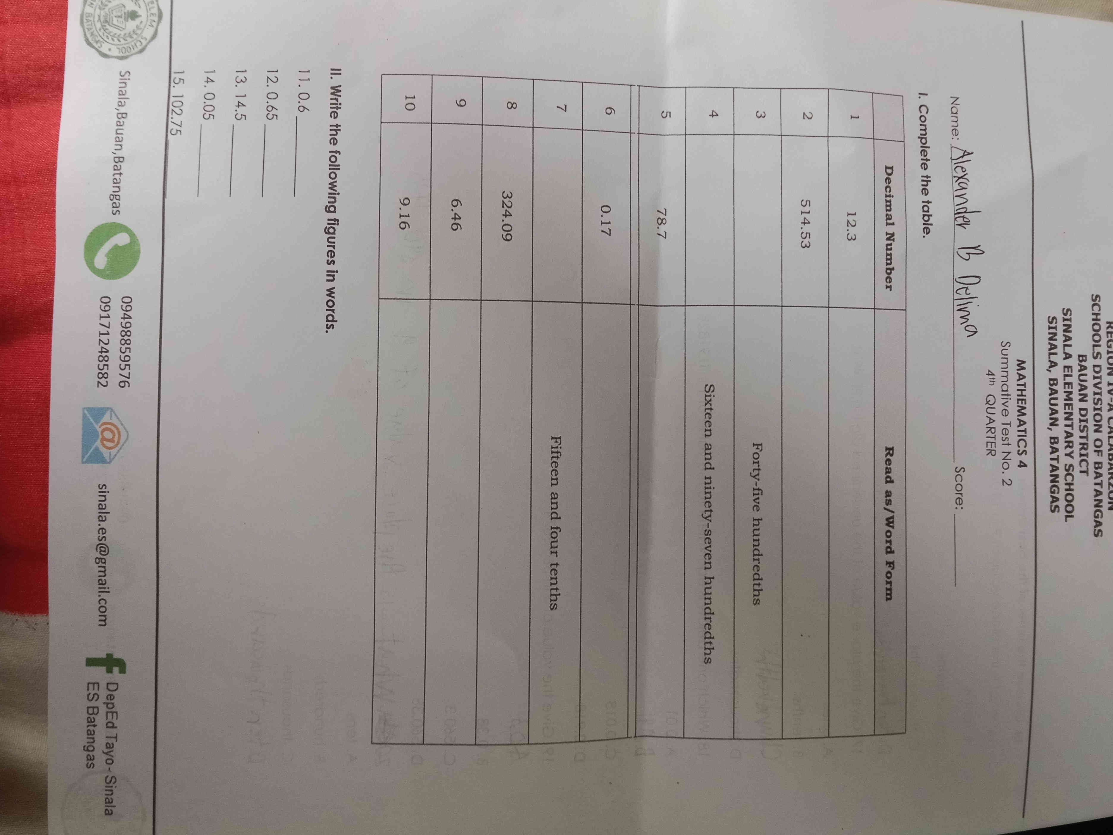 I. Complete the table. | Decimal Number | | StudyX