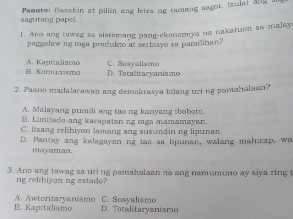 Panuto: Basahin at piliin ang letra ng | StudyX