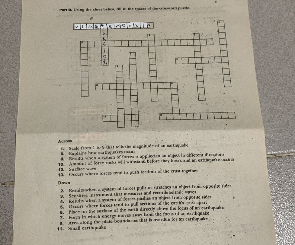 Part B. Using the clues below, fill in the | StudyX