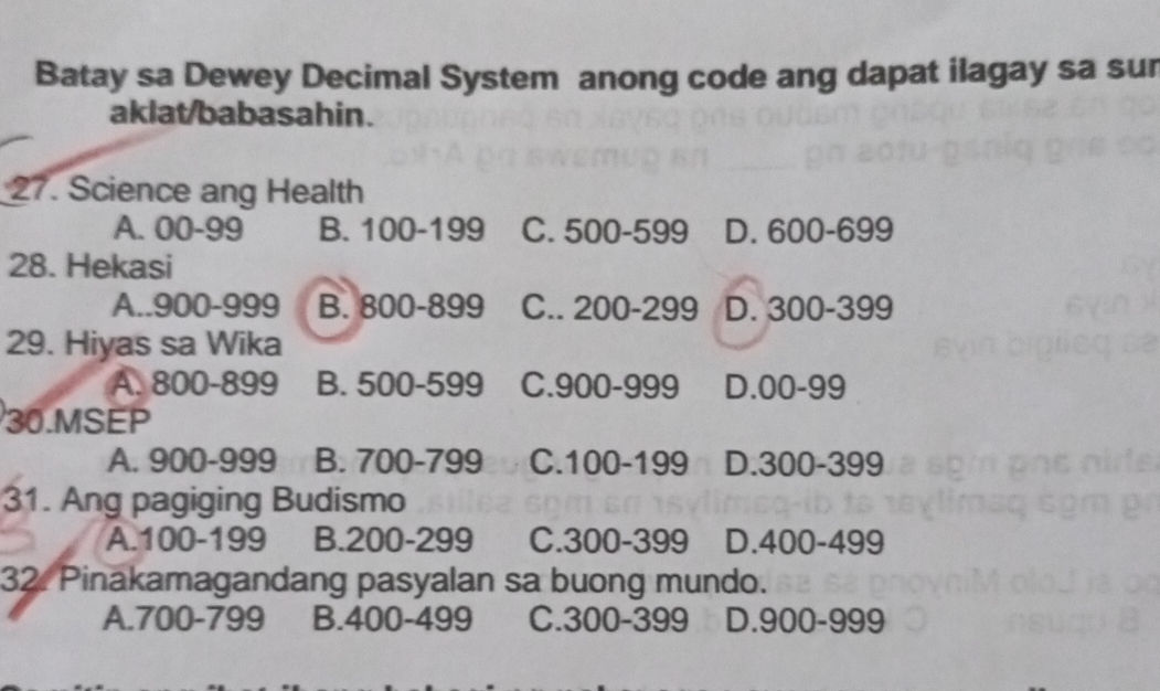 Batay sa Dewey Decimal System anong code ang | StudyX