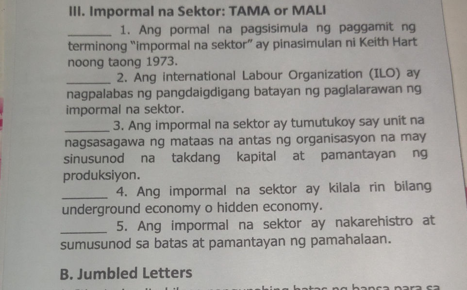 III. Impormal na Sektor: TAMA or MALI 1. | StudyX