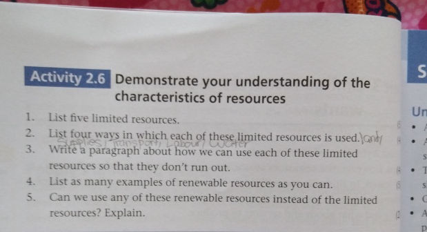 List five limited resources. 2. List four