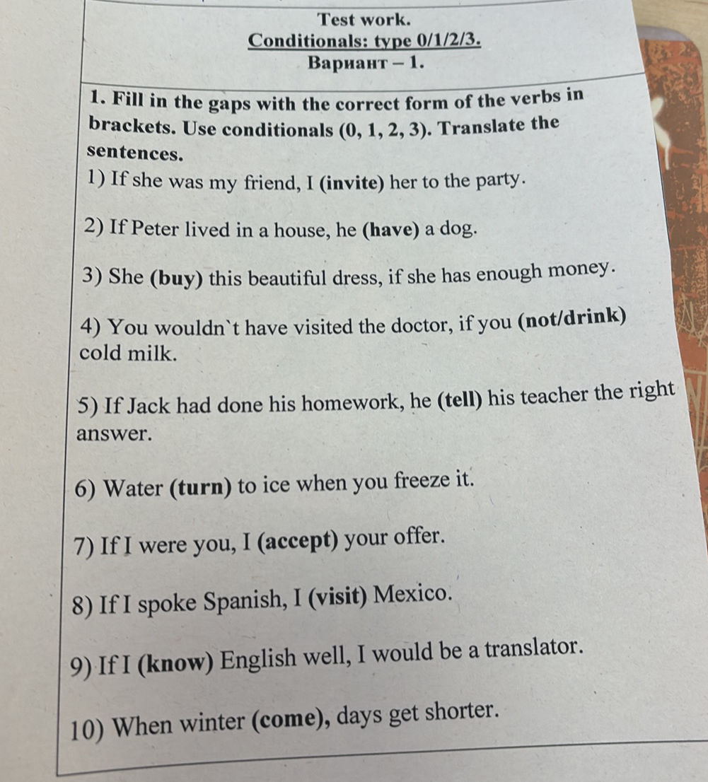 Test work. Conditionals: type 0/1/2/3. | StudyX