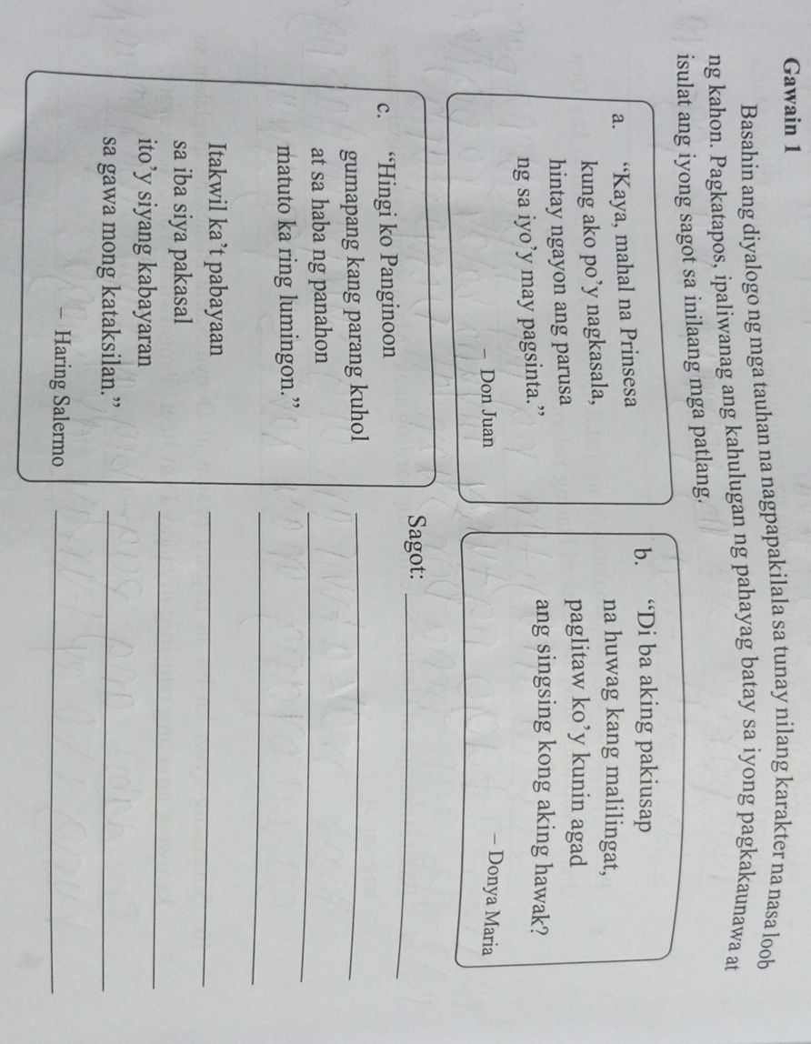 Gawain 1 Basahin ang diyalogo ng mga tauhan | StudyX