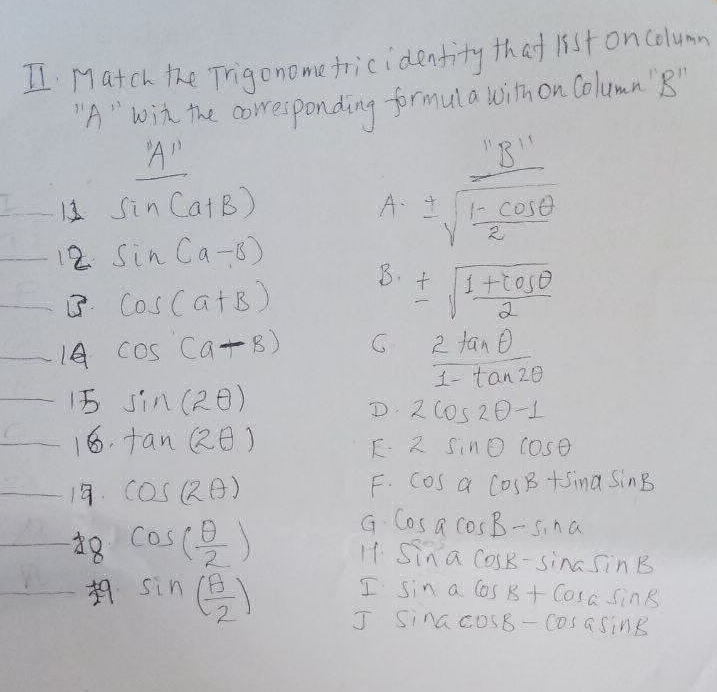 II. Match the Trigonometric identity that | StudyX