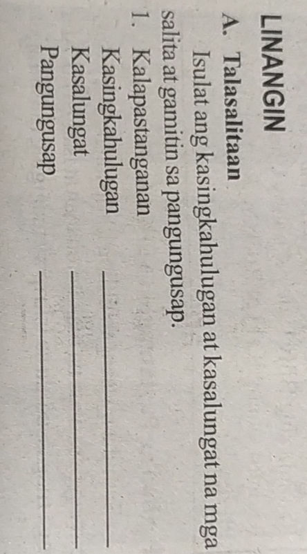 LINANGIN A. Talasalitaan Isulat ang | StudyX