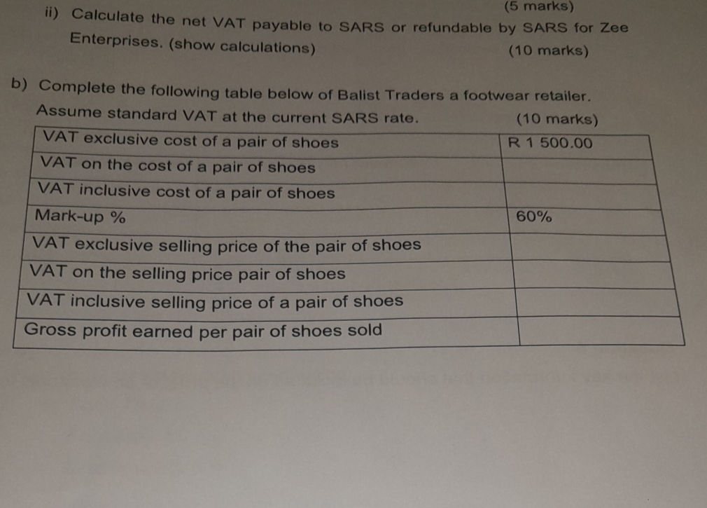 ii) Calculate the net VAT payable to SARS or | StudyX