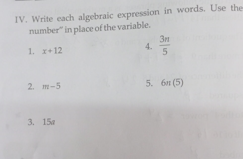 IV. Write each algebraic expression in | StudyX