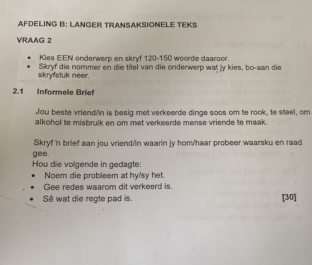VRAAG 2 * Kies EEN onderwerp en skryf | StudyX