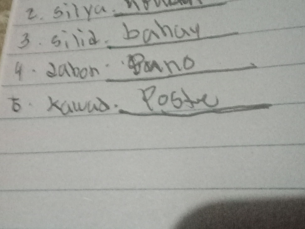 2. silya. 3. silid. bahay 4. Jabon. Pano 5. | StudyX