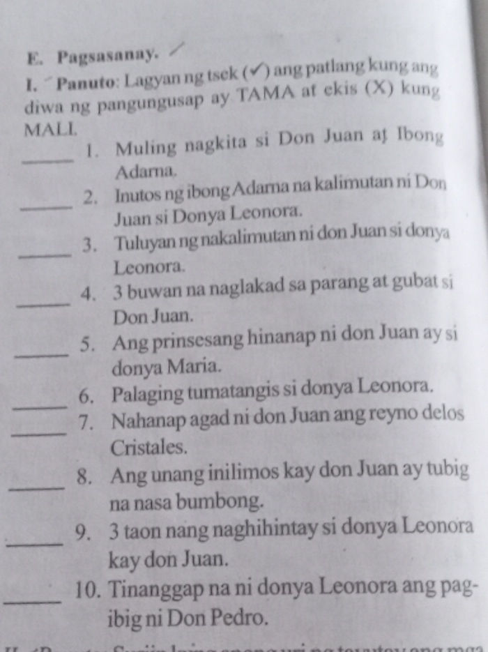E. Pagsasanay. I. Panuto: Lagyan ng tsek | StudyX