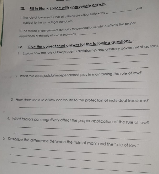 III. Fill in Blank Space with appropriate | StudyX