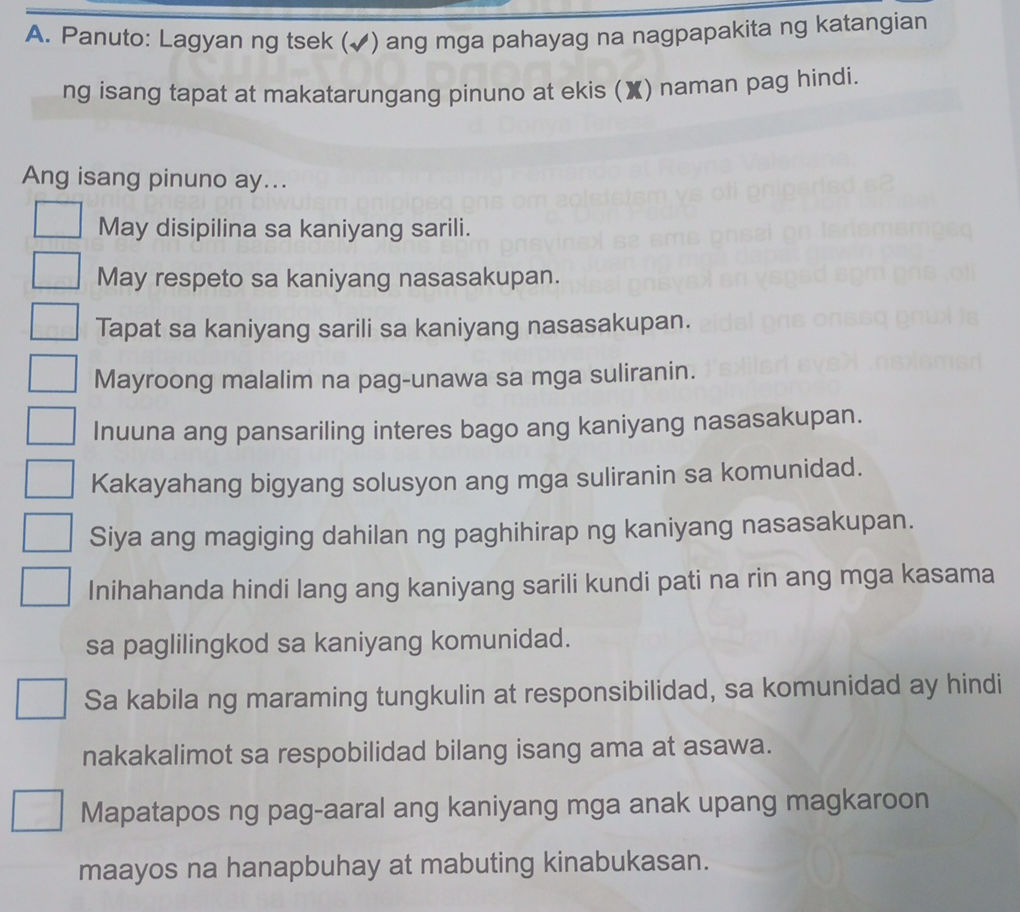 A. Panuto: Lagyan ng tsek ( ) ang mga | StudyX