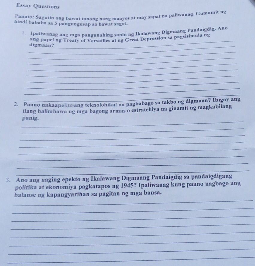 Essay Questions Panuto: Sagutin ang bawat | StudyX