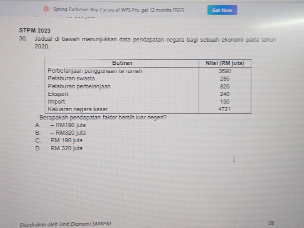 STPM 2023 30. Jadual di bawah menunjukkan | StudyX