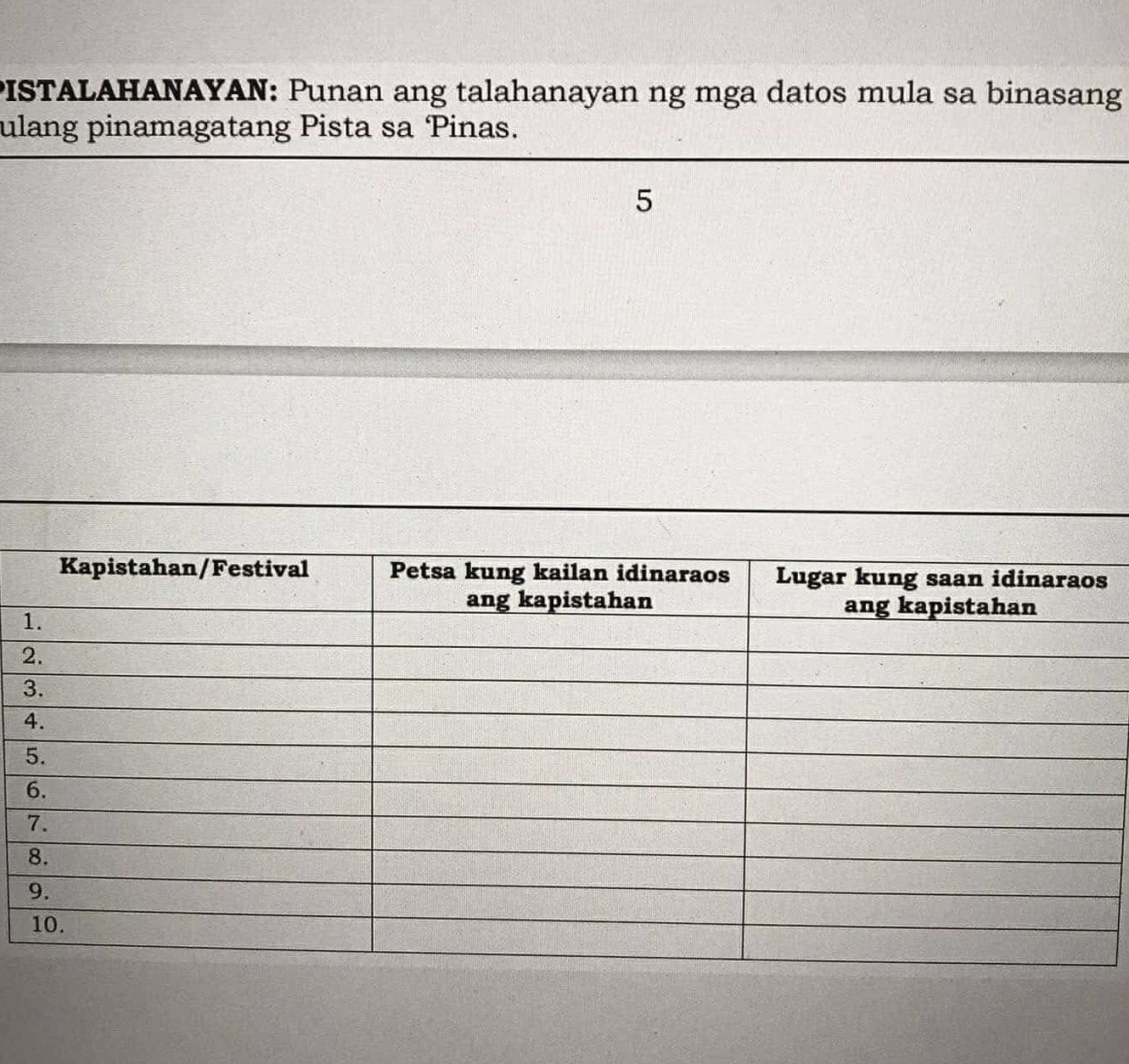 PISTALAHANAYAN: Punan ang talahanayan ng mga | StudyX