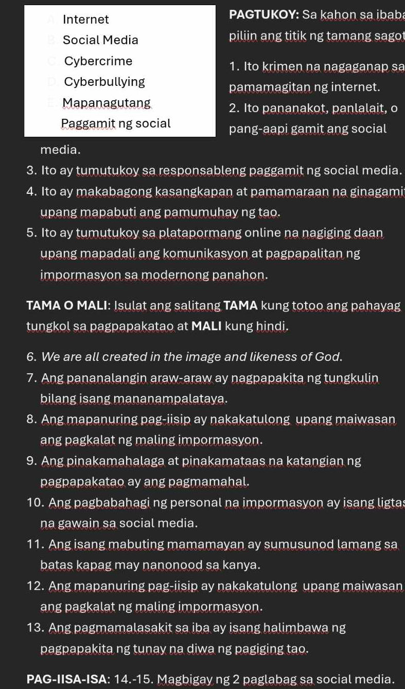 PAGTUKOY: Sa kahon sa ibaba piliin ang titik | StudyX