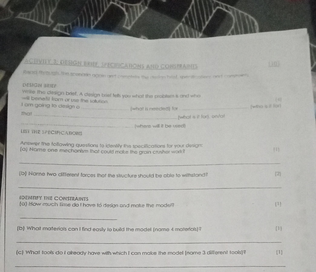 ACTIVITY 3: DESIGN BRIEF, SPECIFICATIONS AND | StudyX