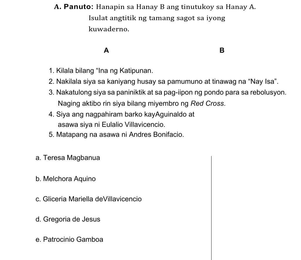 A. Panuto: Hanapin sa Hanay B ang tinutukoy | StudyX