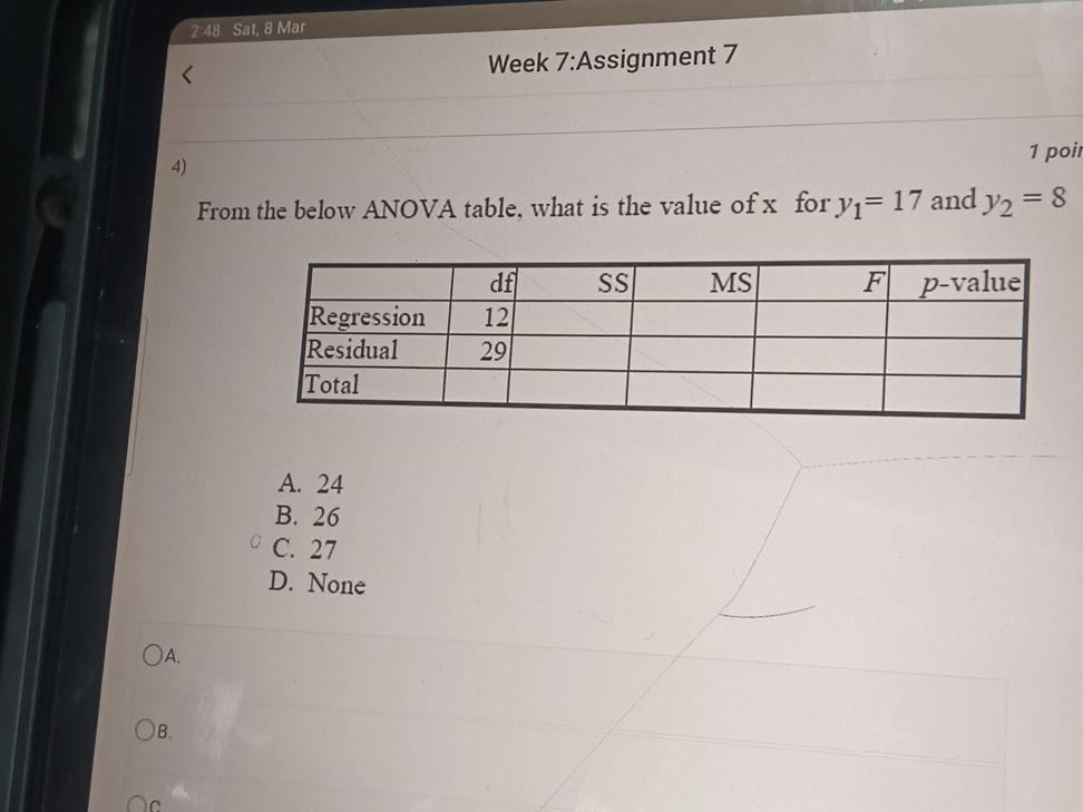 From the below ANOVA table, what is the | StudyX